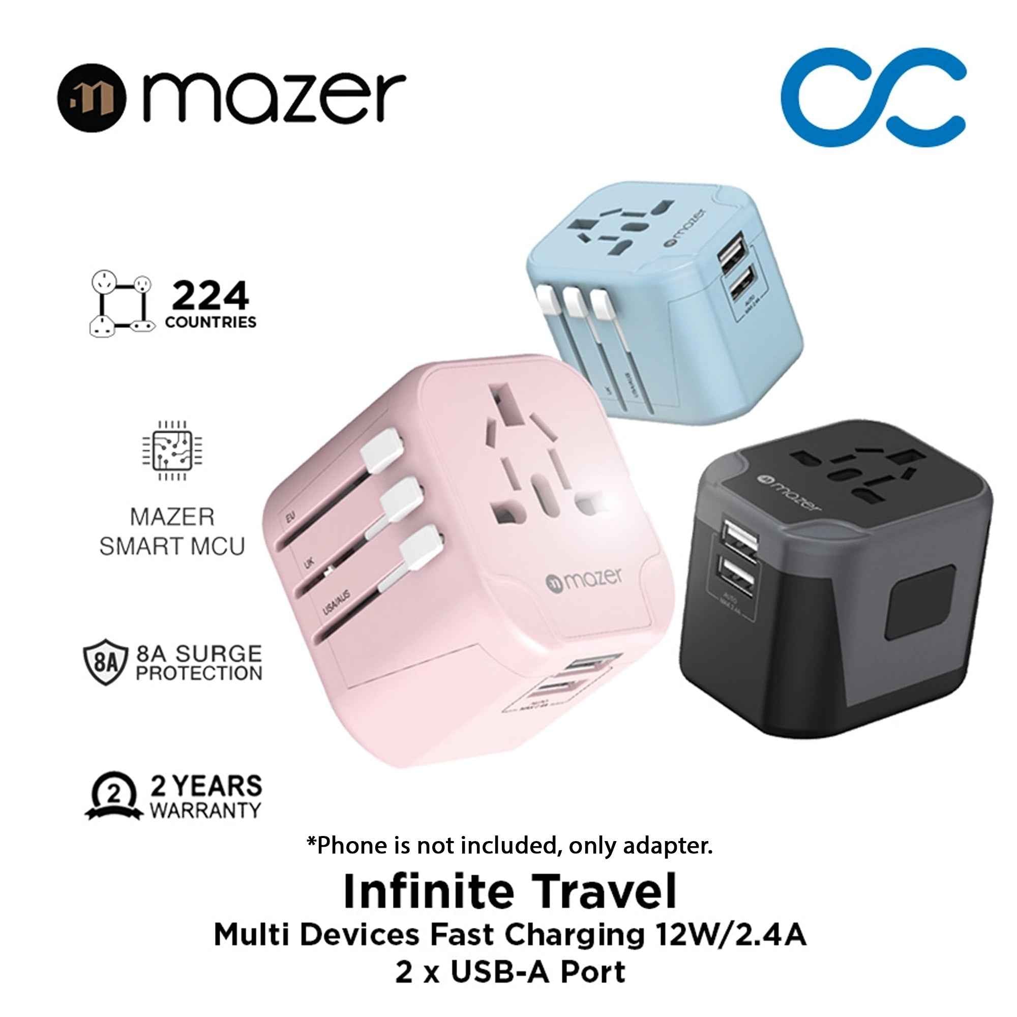 Mazer Infinite Travel Mini - Travel Adapter with Dual USB-A Port Fast ...